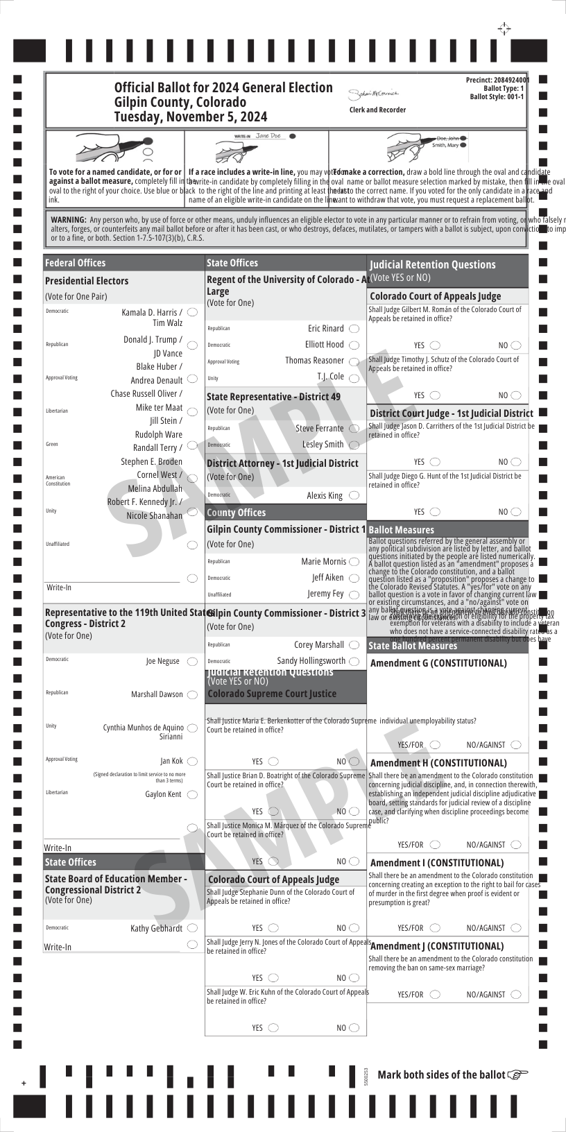 Front of sample County ballot | Gilpin County